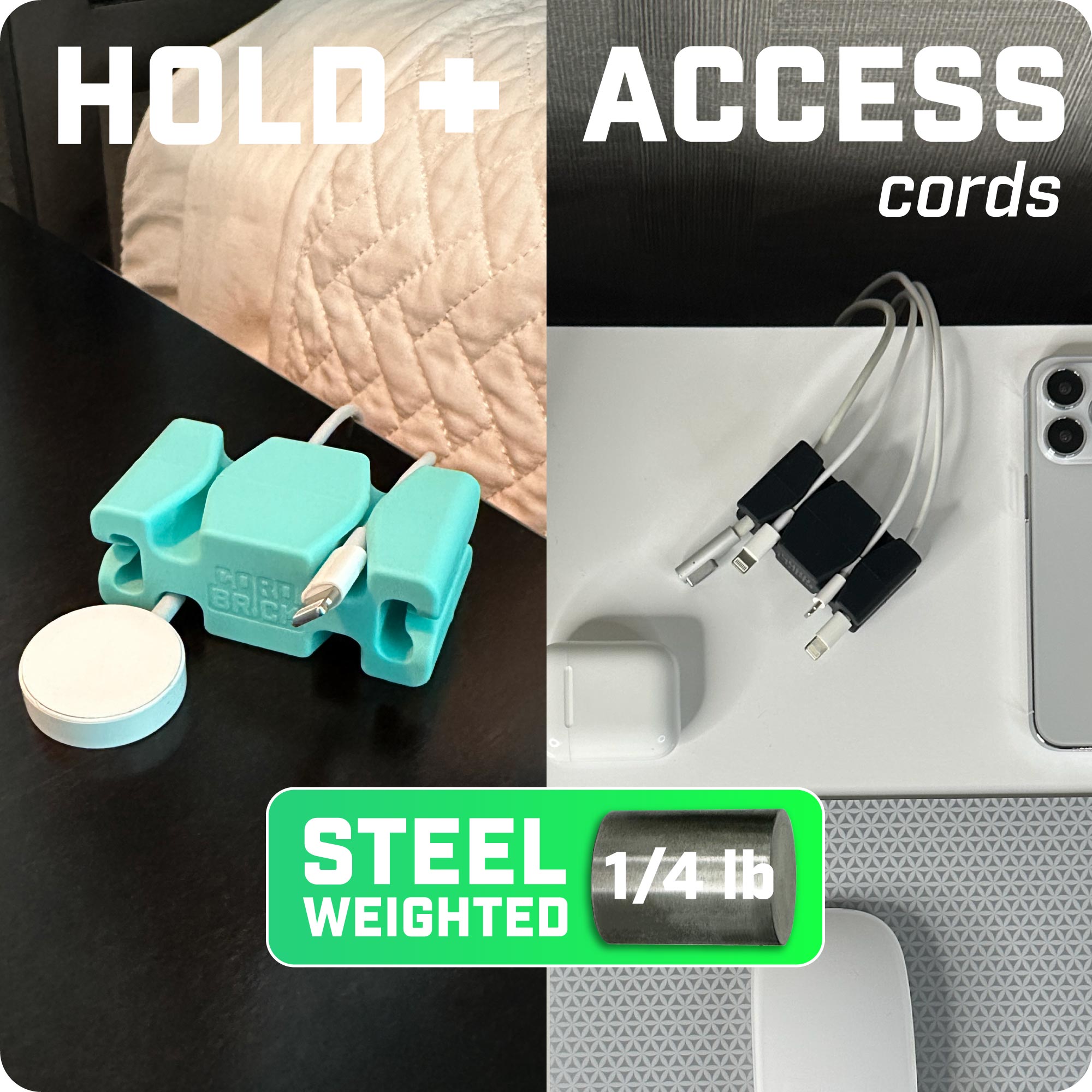 CordBrick® Weighted Cord Holder, Cable Management Device, Phone Access
